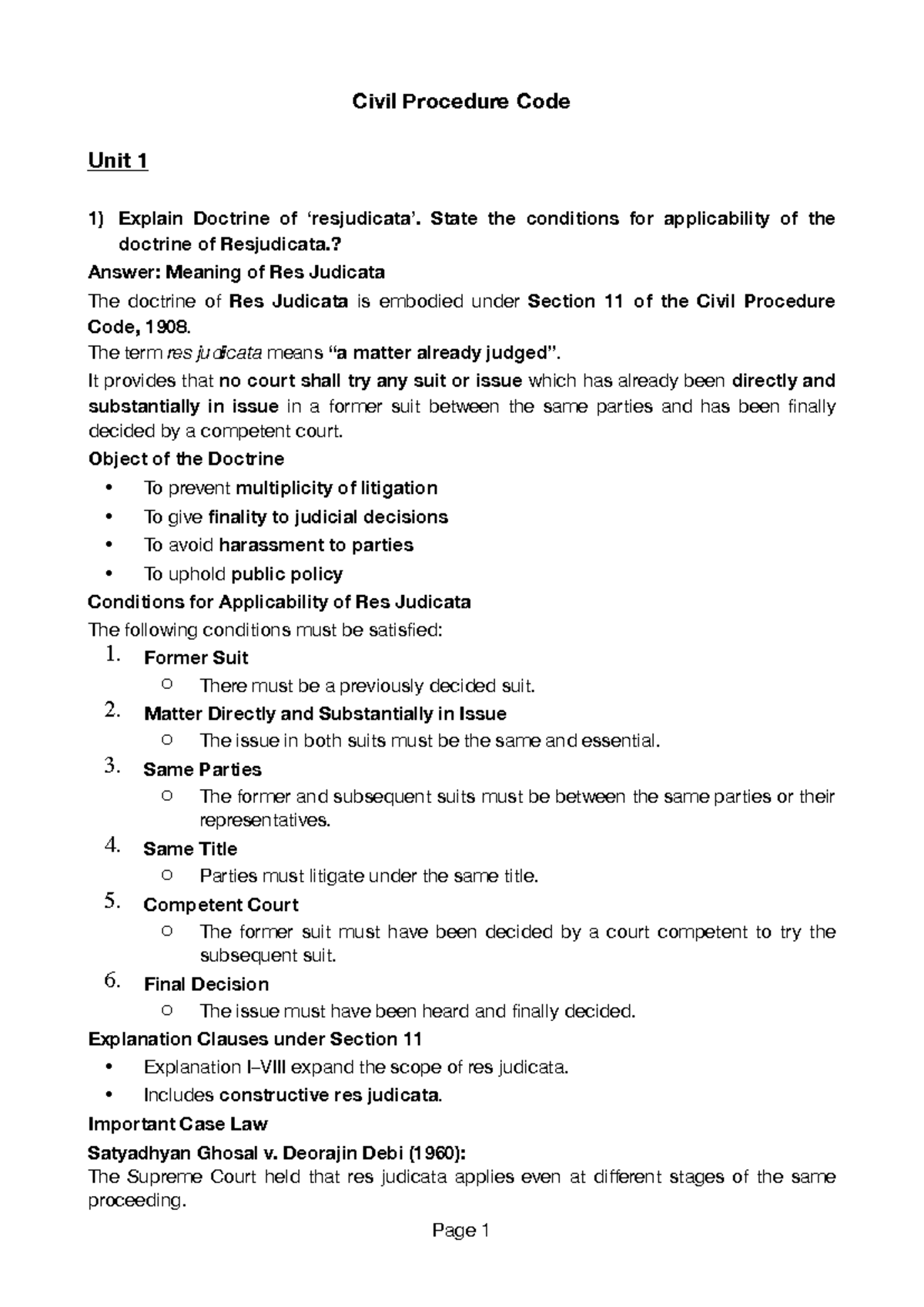 Civil Procedure Code - Unit 1 Exam Notes and Key Concepts - Studocu