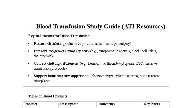 Blood Transfusion Study Guide (ATI) - Key Indications & Nursing Actions ...