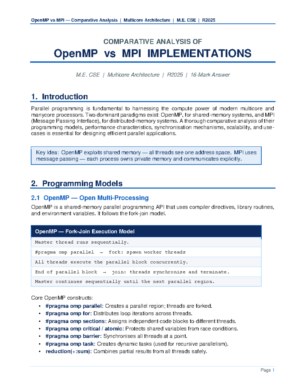 OpenMP vs MPI: Comparative Analysis for Multicore Architecture M.E. CSE ...