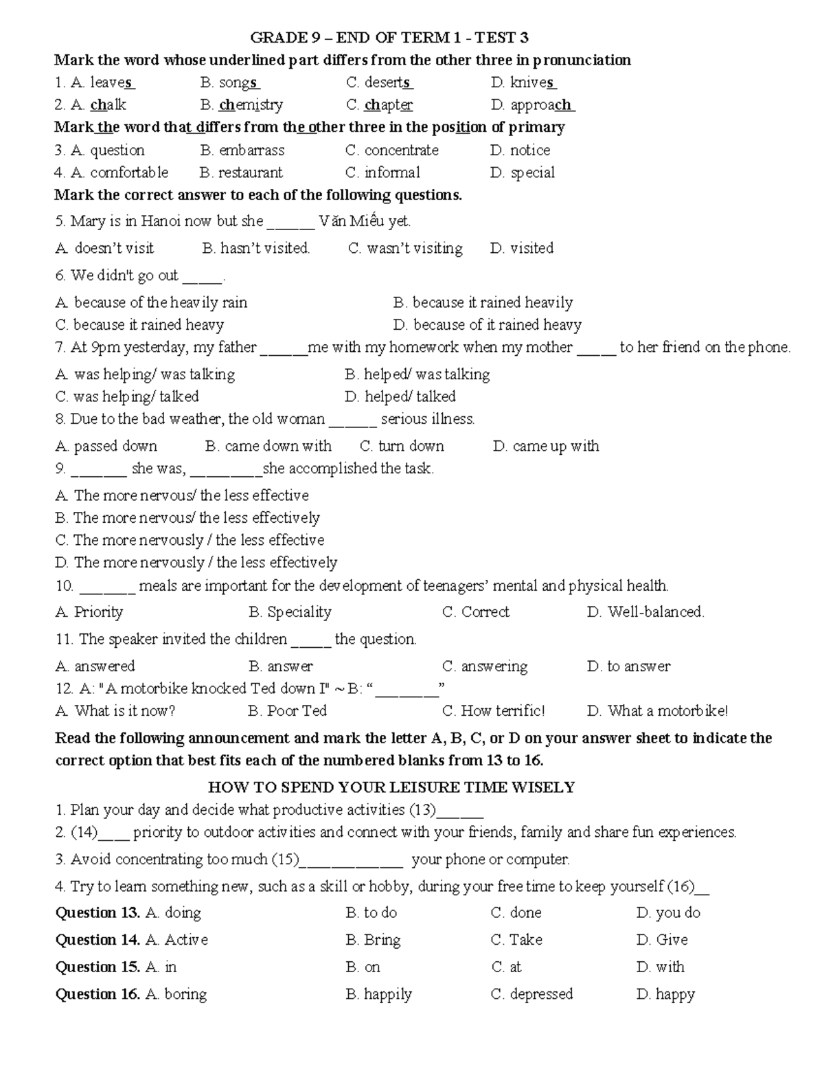 GRADE 9 END OF TERM 1 TEST 3 - ANSWER KEY & EXERCISES - Studocu