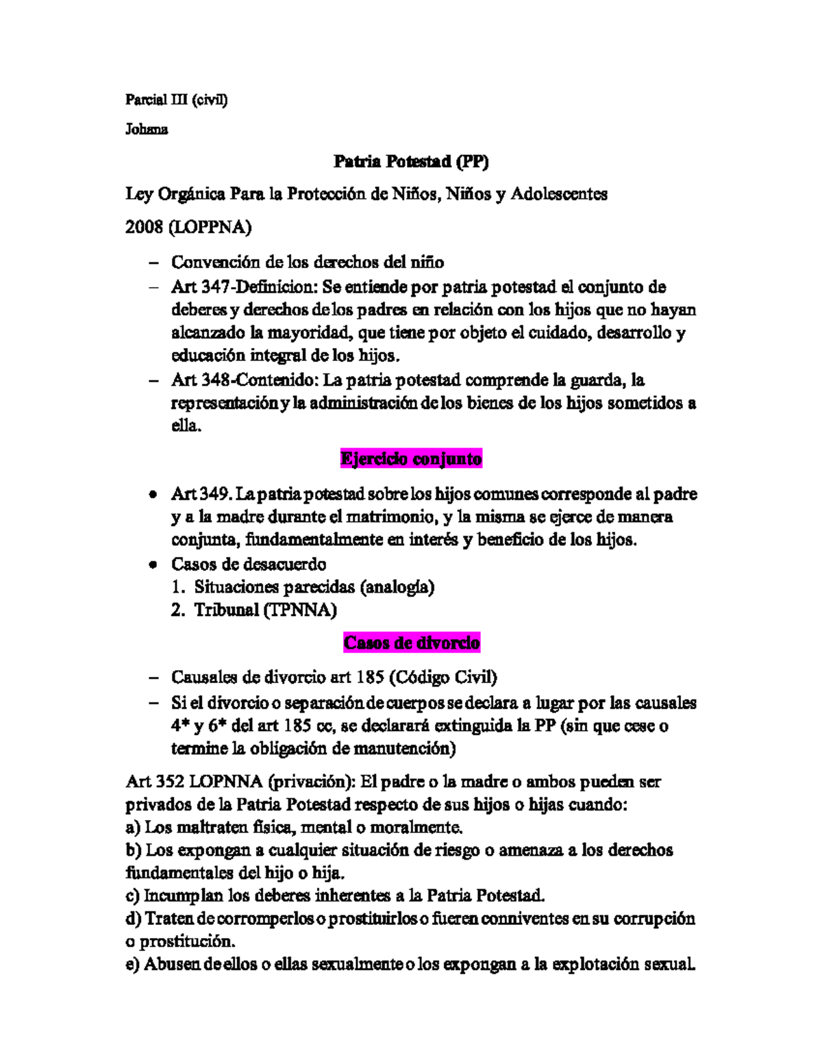 Parcial Civil 3: Patria Potestad y Protección de Niños (LOPPNA) - Studocu