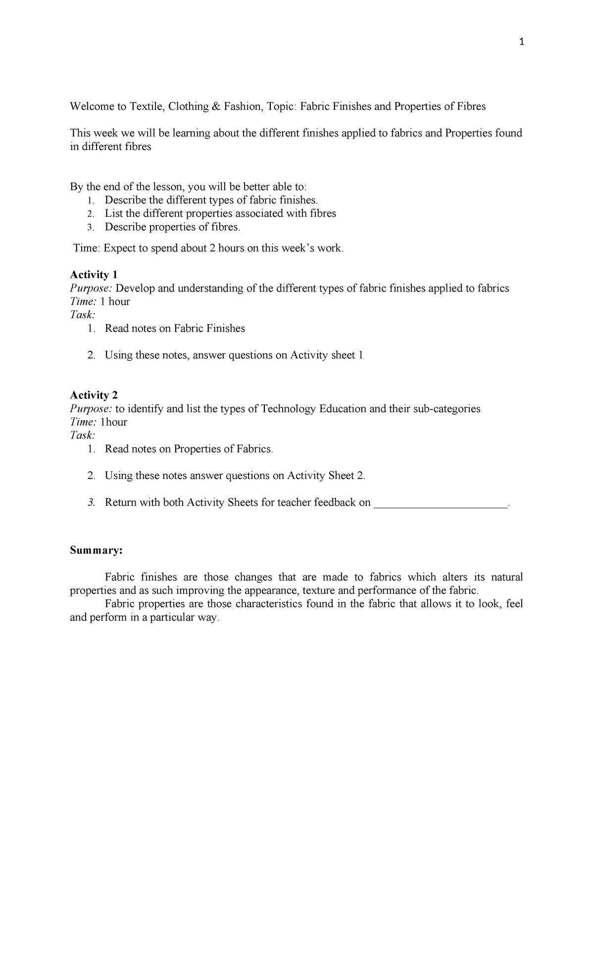 Week 1 & 2: Fabric Finishes and Properties of Fibres (Textile Course ...