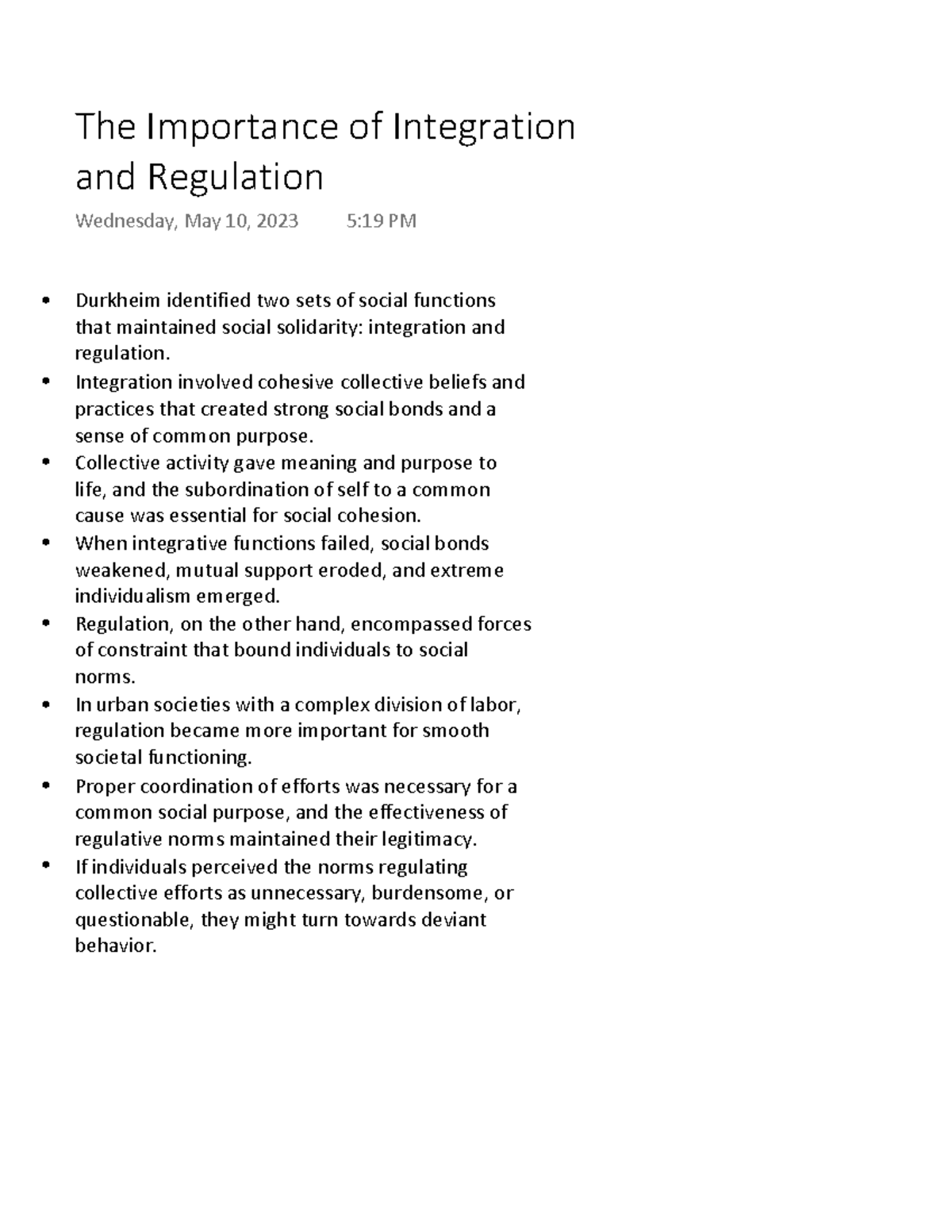 The Importance of Integration and Regulation - Durkheim identified two ...