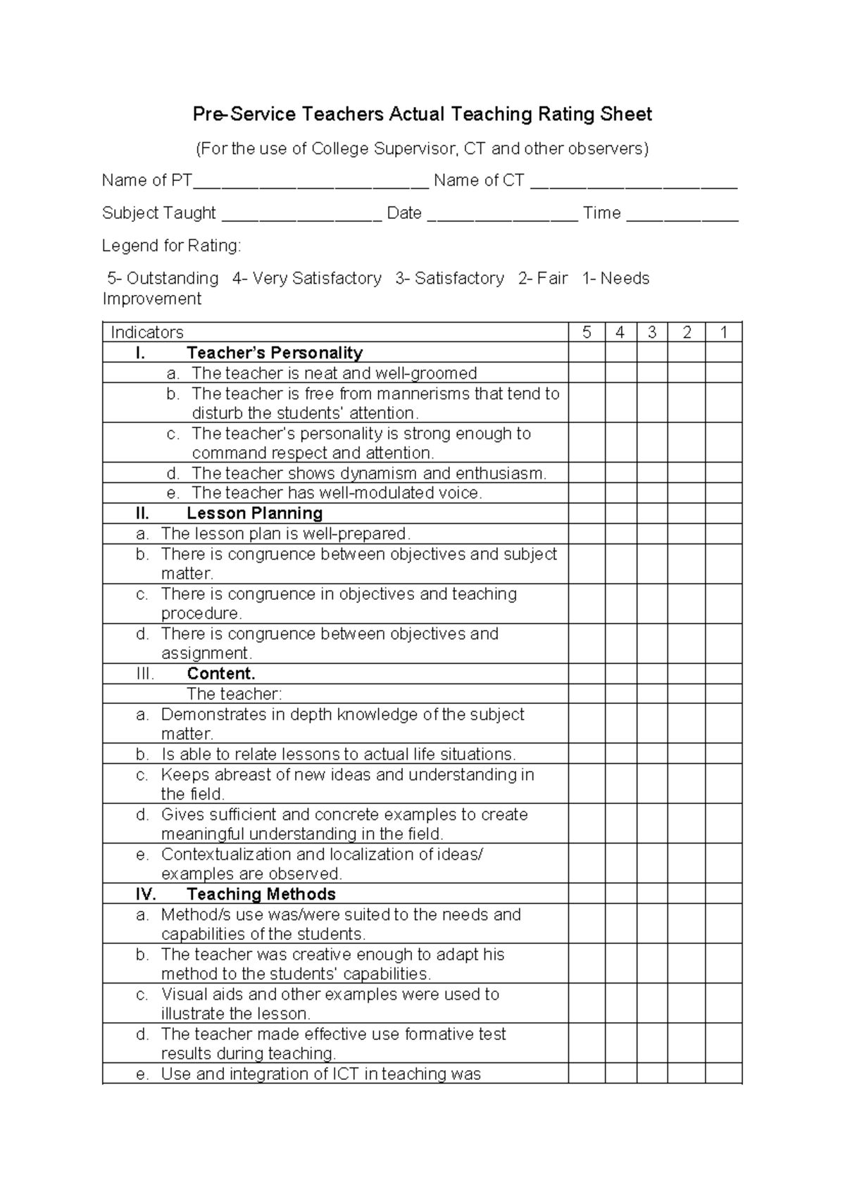 Rating Sheet for Pre-Service Teachers' Performance - Studocu