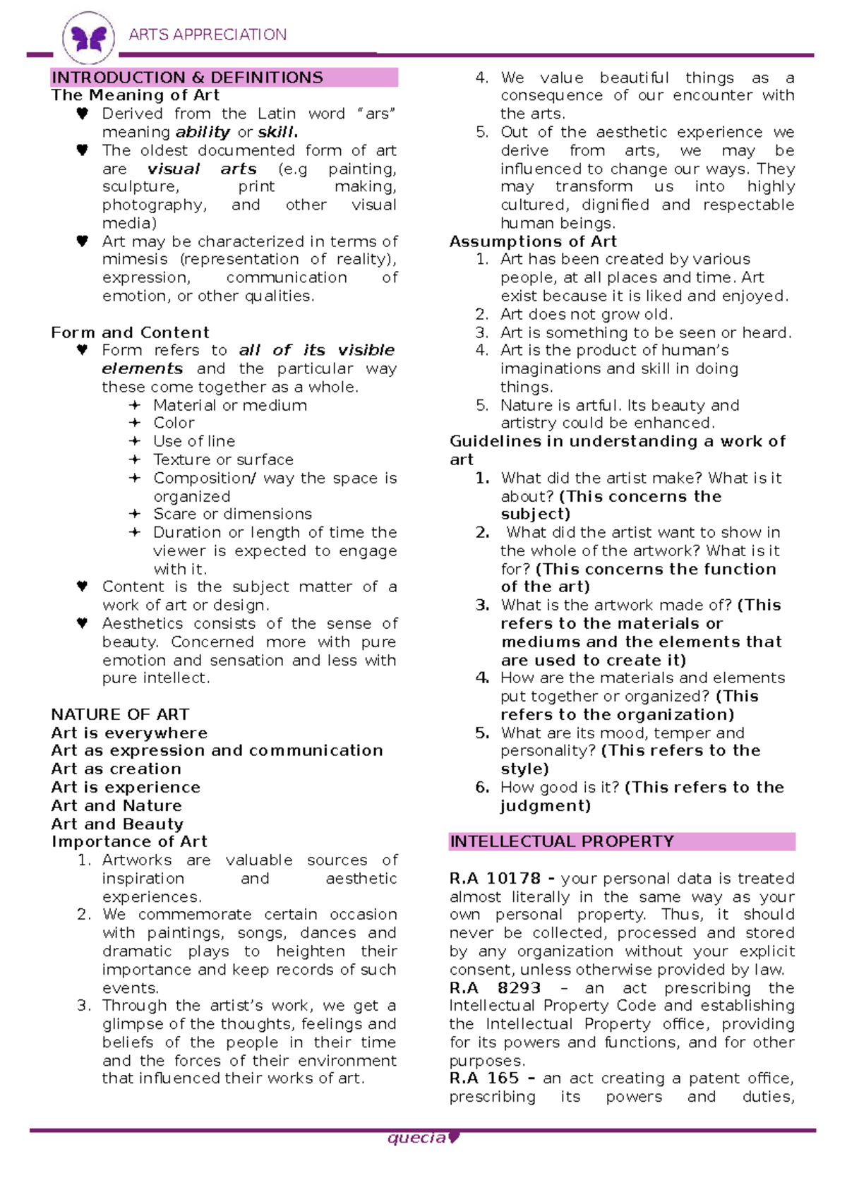 ARTS APPRECIATION: INTRODUCTION & DEFINITIONS (ARTS 101) - Studocu