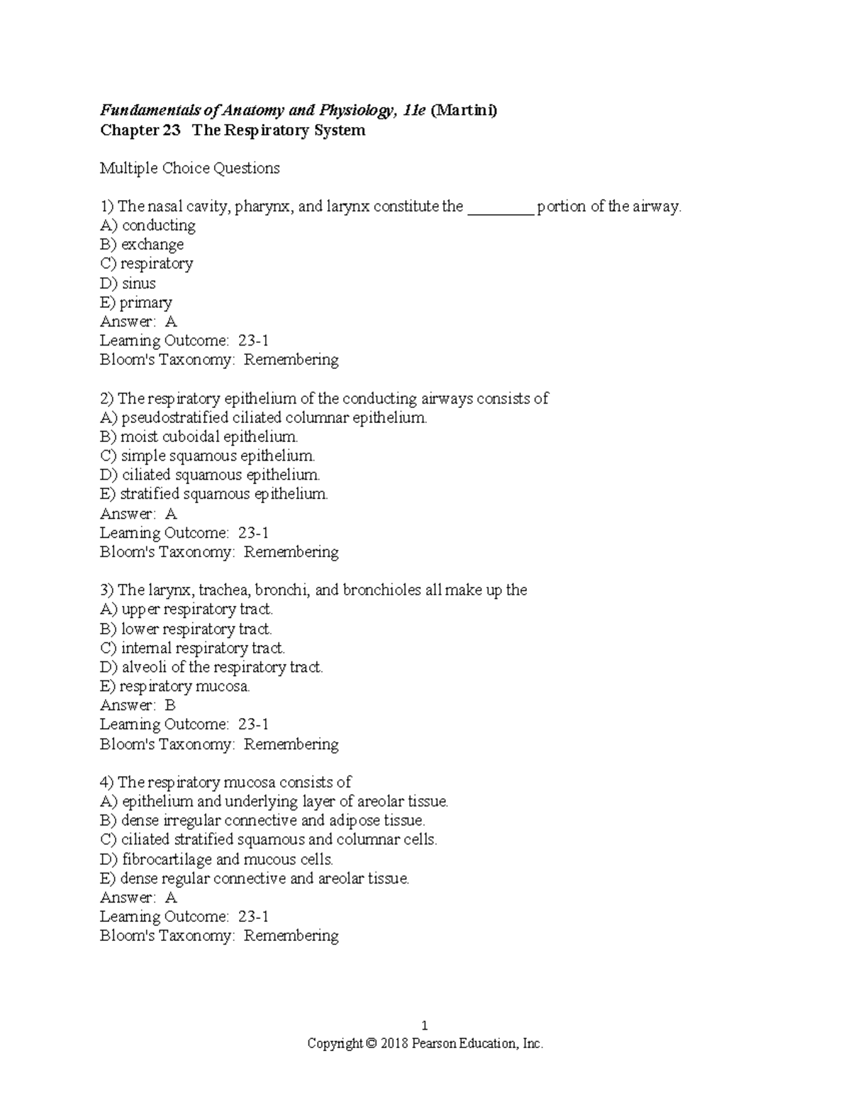 Ch 23 Respiratory System MCQs - Anatomy & Physiology 11e - Studocu