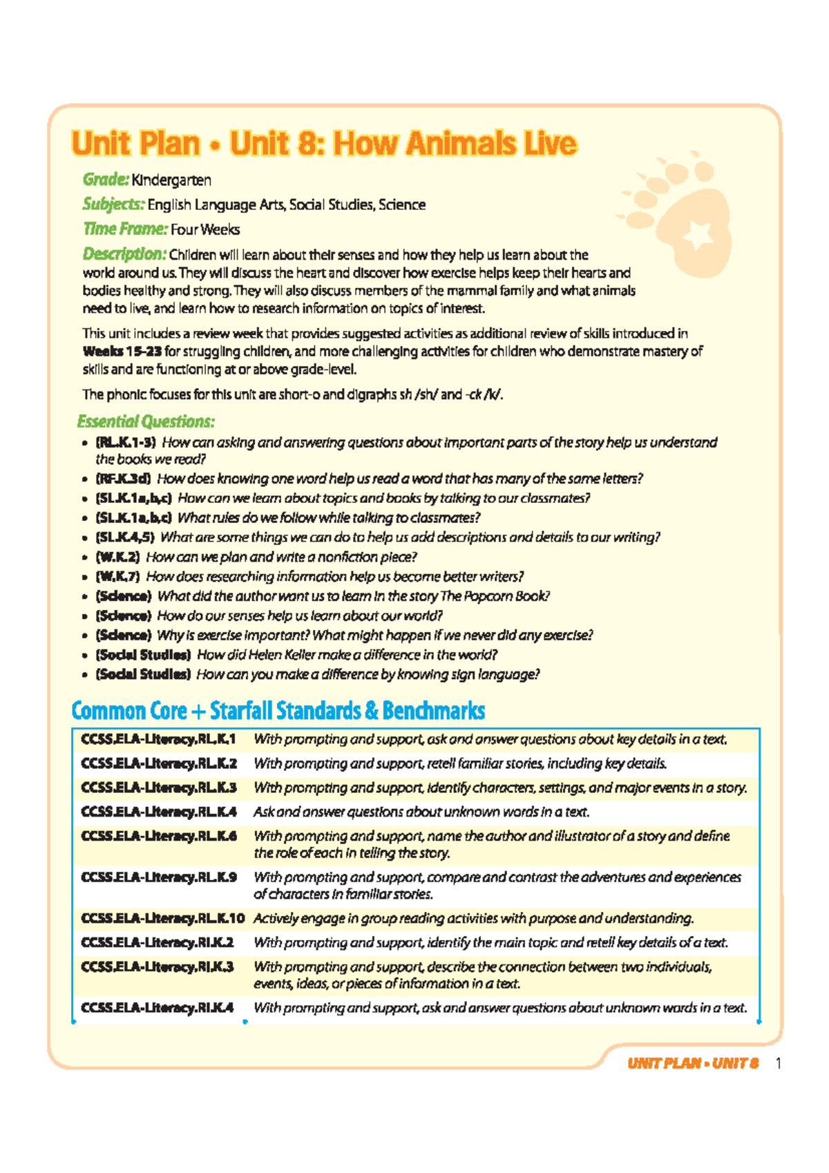 Starfall Kindergarten Unit Plan: Unit 8 - How Animals Live - Studocu