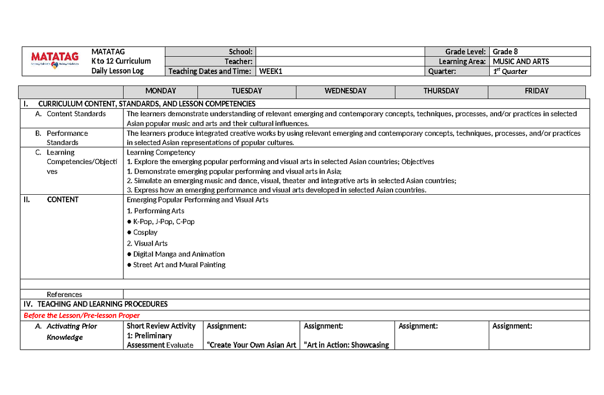 DLL Q1 Music and Arts 8: Week 1 Lesson Plans and Activities - Studocu
