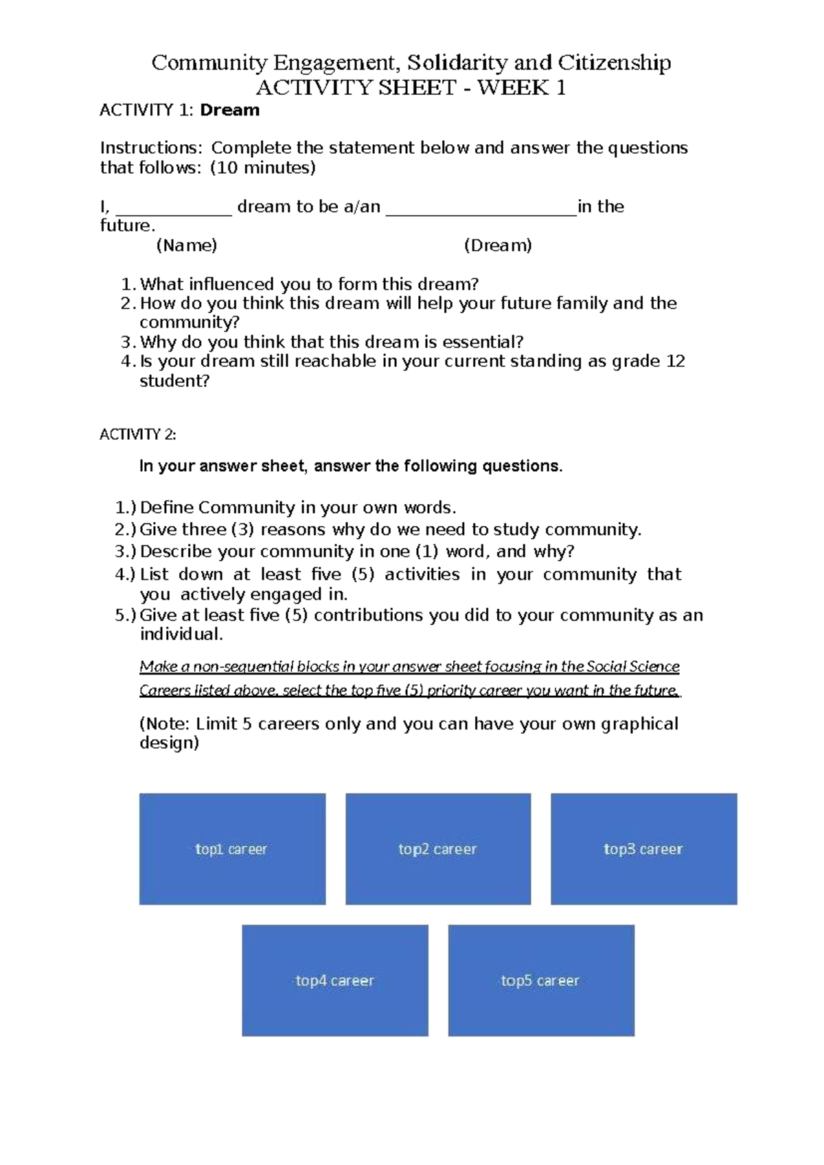 Community Engagement G12 W1 Activity Sheet: Dreams & Contributions ...