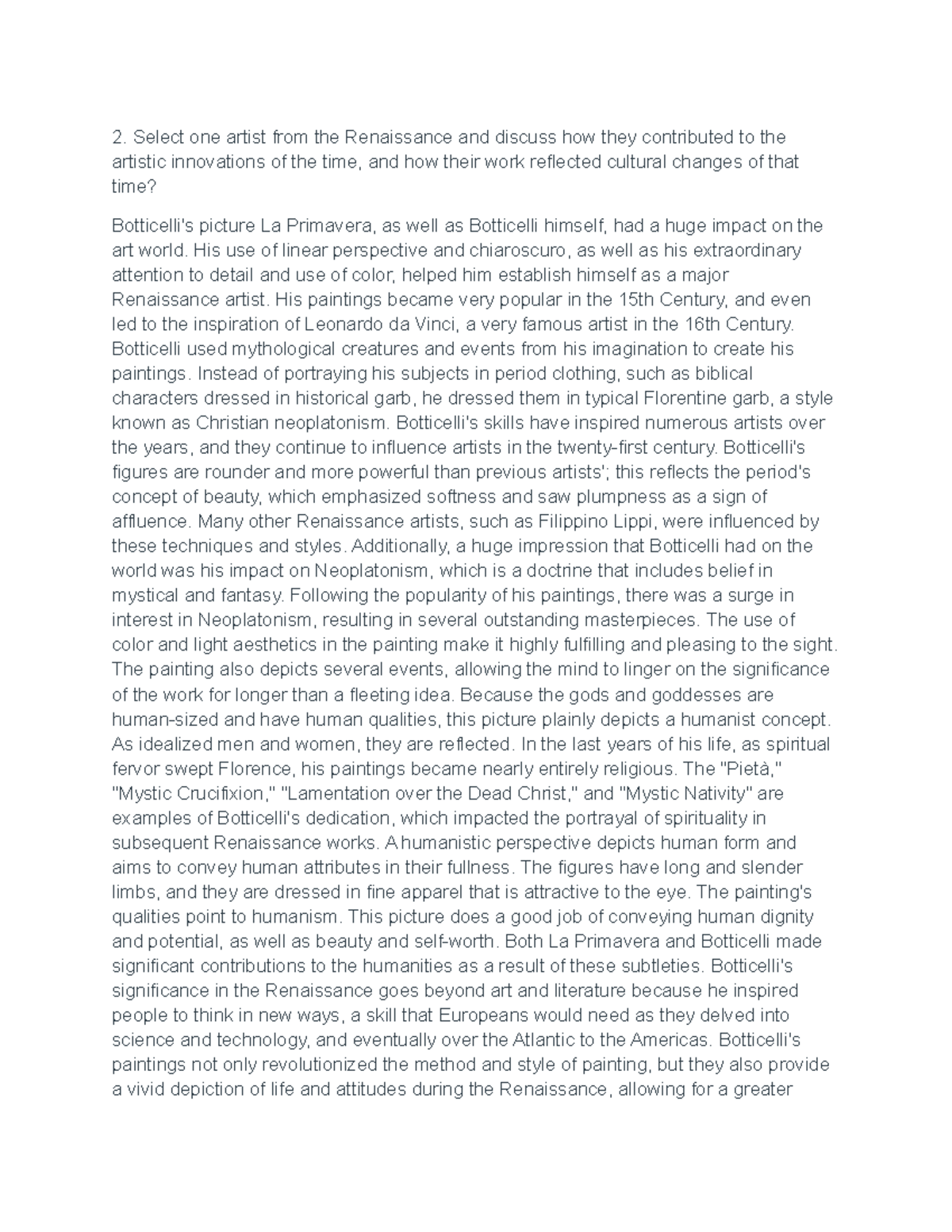 Midterm 1 essay for the subject of humanities - Select one artist from ...