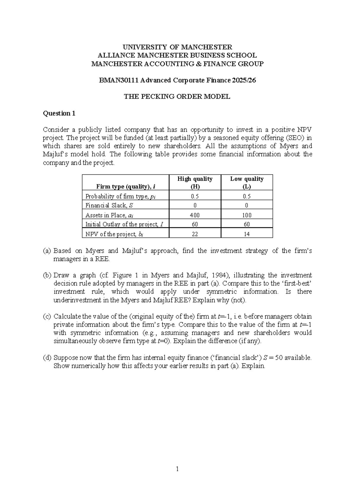 POT Question - Exercises Set on Advanced Corporate Finance - Studocu