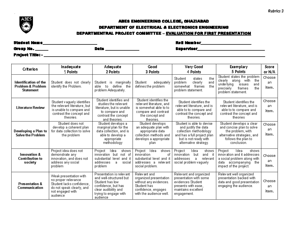 Rubrics 3 - Project Evaluation Criteria for EEE Students - Studocu