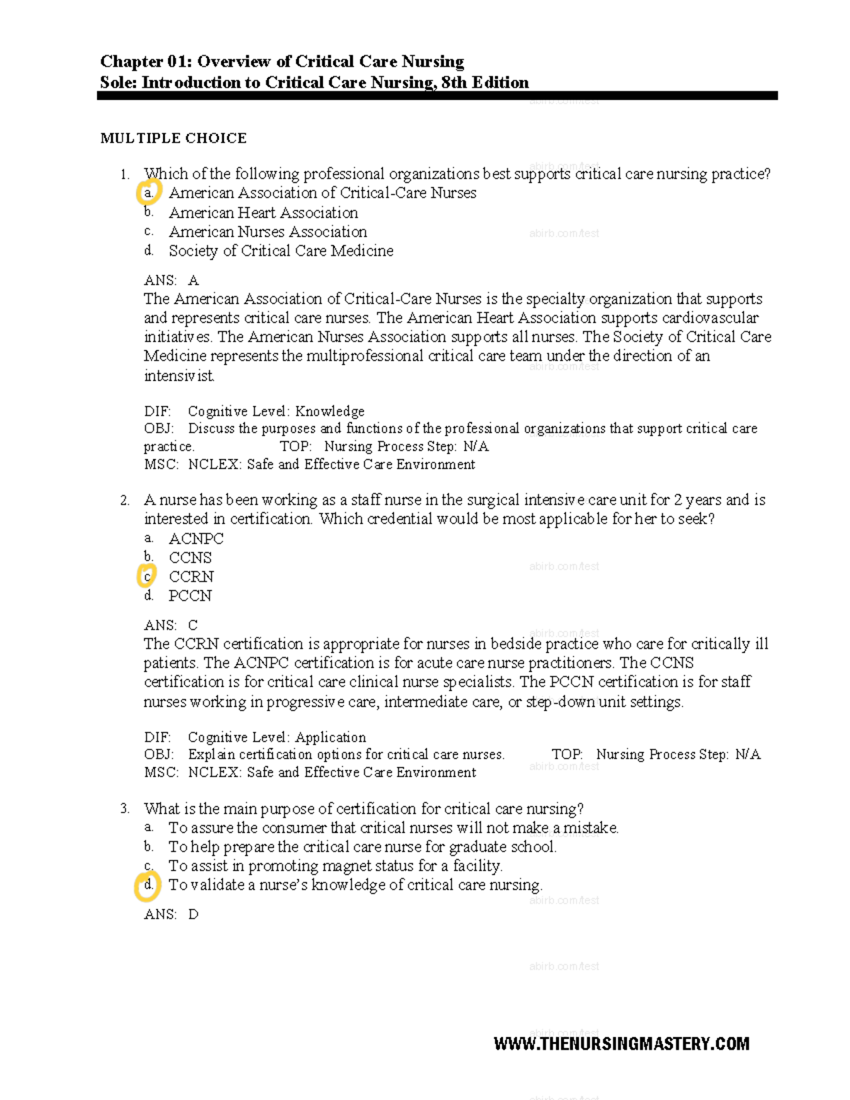Nursing Knowledge Questions