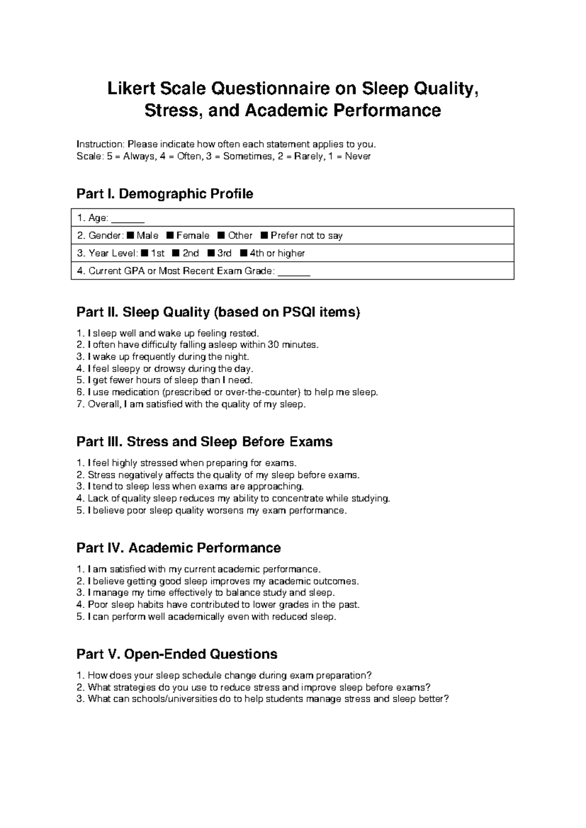 Likert Scale Questionnaire on Sleep, Stress & Academic Performance ...