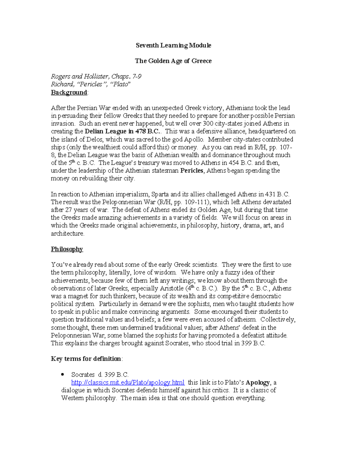 Seventh Learning Module: The Golden Age of Greece (Rogers & Hollister ...