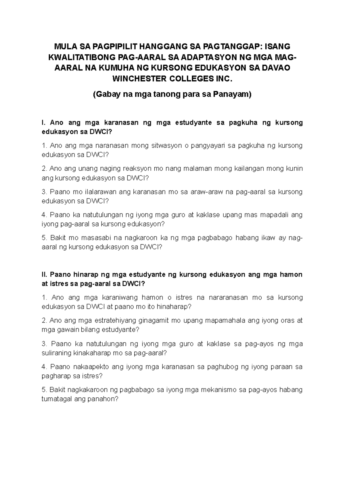 Karanasan at Hamon ng mga Estudyante sa Kursong Edukasyon sa DWCI ...