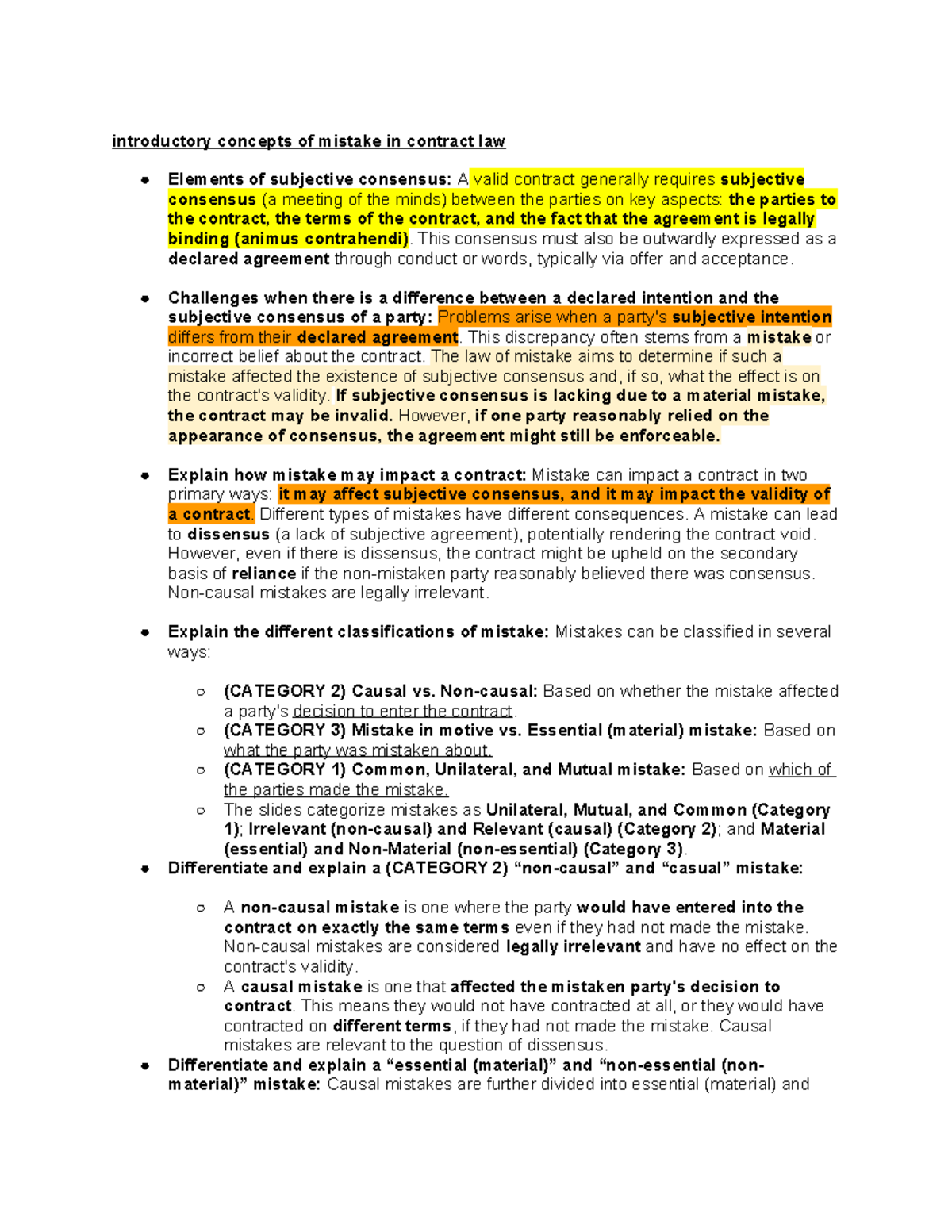 Mistakes in contract law: Understanding subjective consensus and validity - Studocu