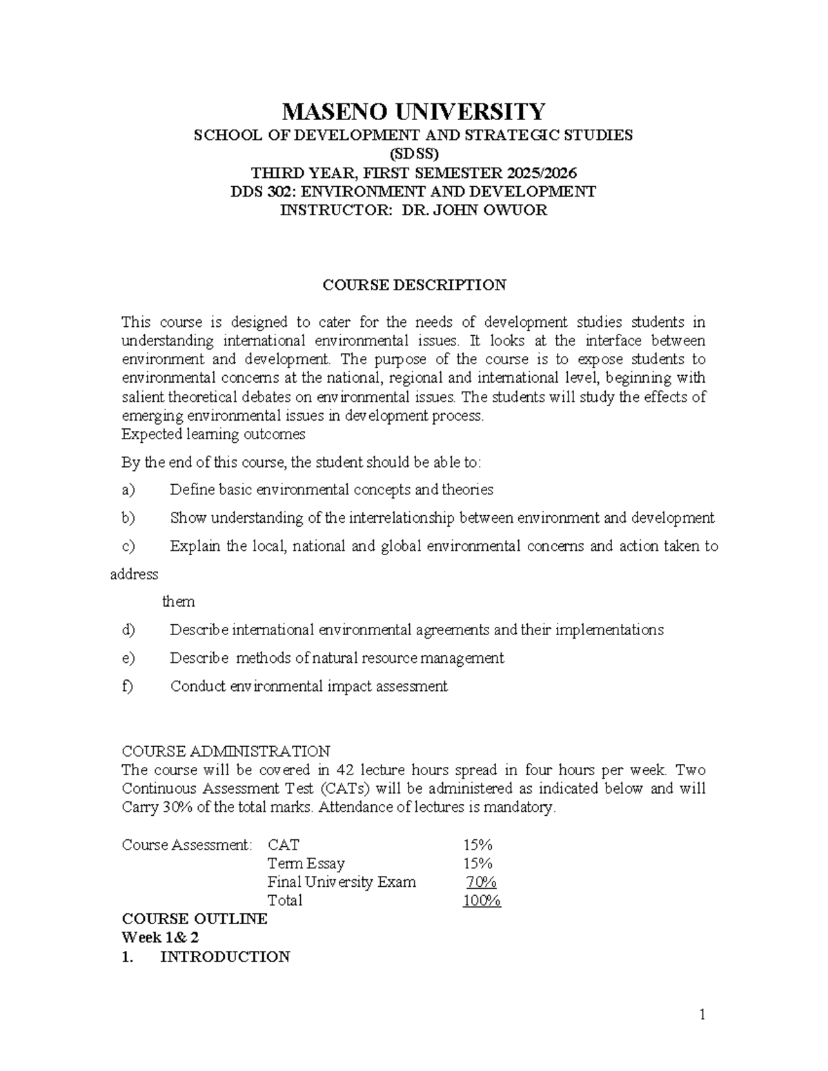 DDS 302: Environment and Development Course Outline - Studocu