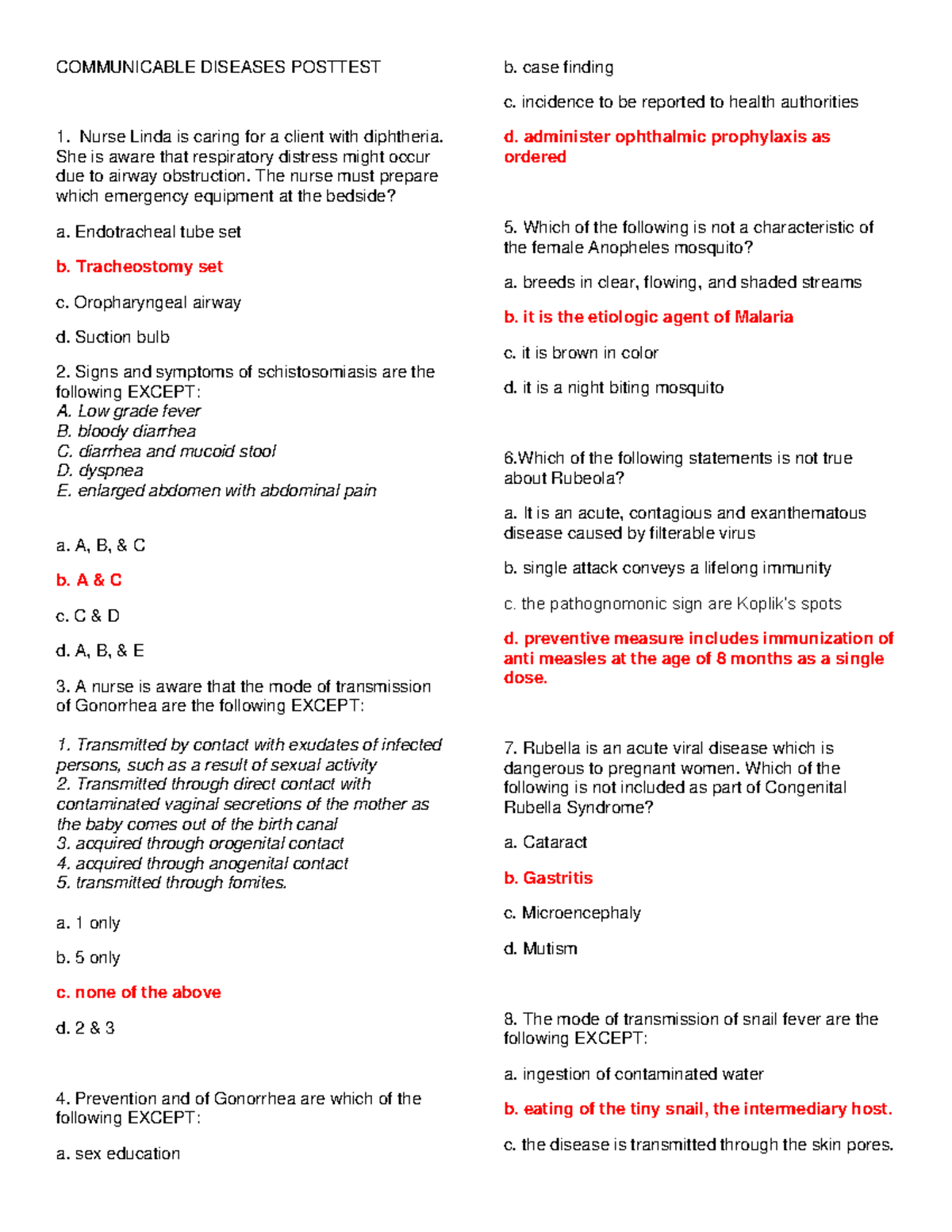 Communicable Diseases Posttest Questions - Nursing Review Guide - Studocu