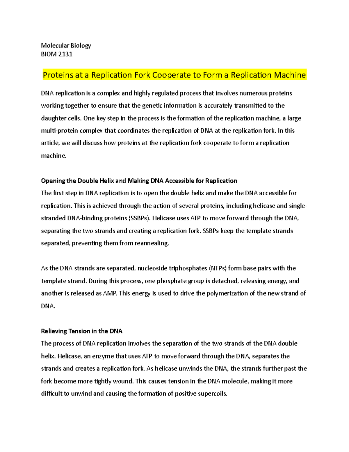 Molecular Biology Proteins at a Replication Fork Cooperate to Form a ...