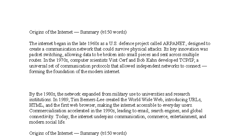 Origins of the Internet: A Summary of Key Developments - Studocu