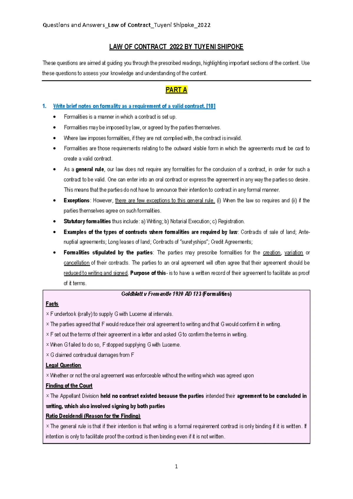 Questions and Answers - Contract law 2022 - LAW OF CONTRACT_2022 BY TUYENI SHIPOKE These ...