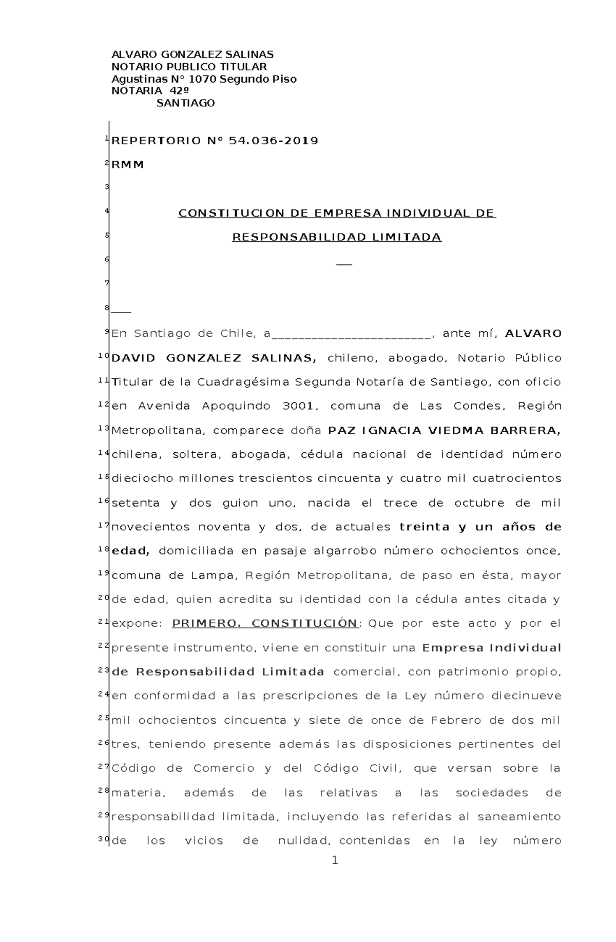 Escritura de Constitución de Empresa Individual - Clínica Estética - Studocu