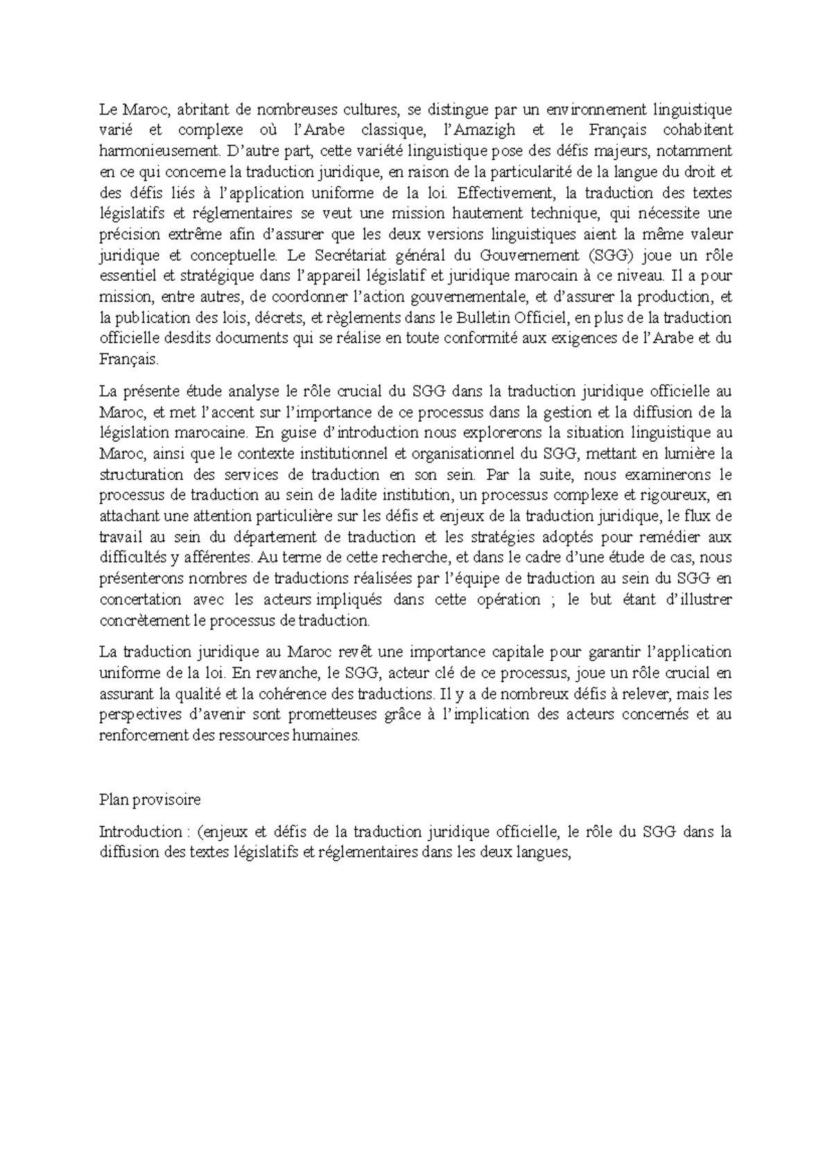 Analyse du rôle du SGG dans la traduction juridique au Maroc - Studocu