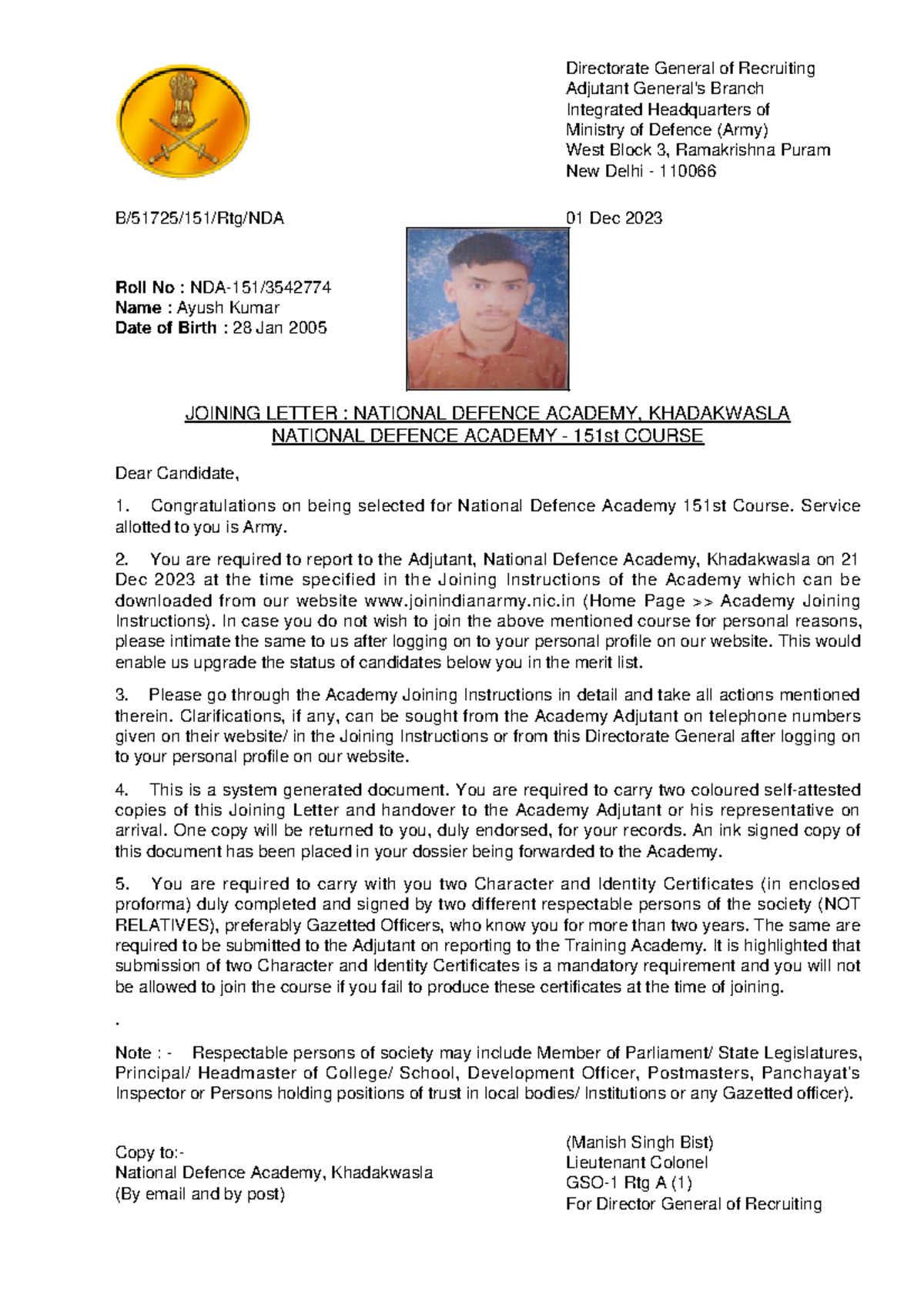 NDA-151 Joining Letter - Important Instructions for Candidates - Studocu