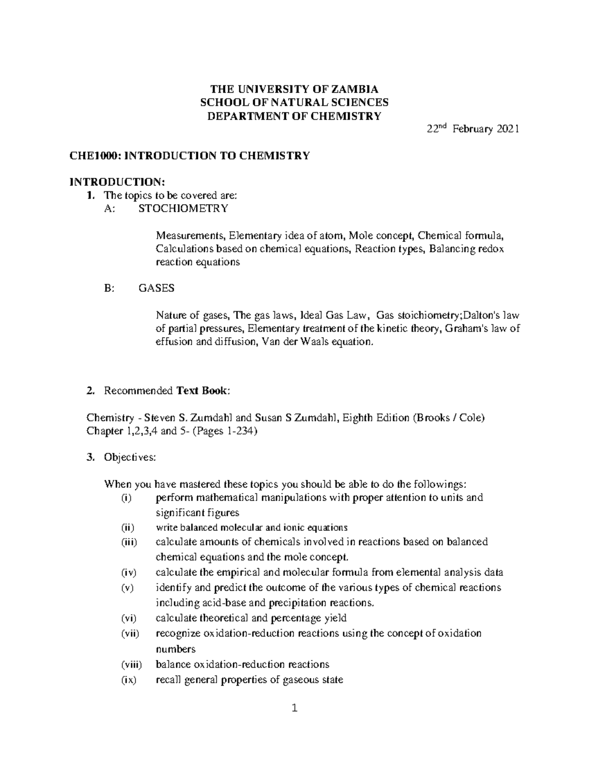 CHE 1000 Introductory Chemistry Guide 2021 - 1 THE UNIVERSITY OF ZAMBIA SCHOOL OF NATURAL ...