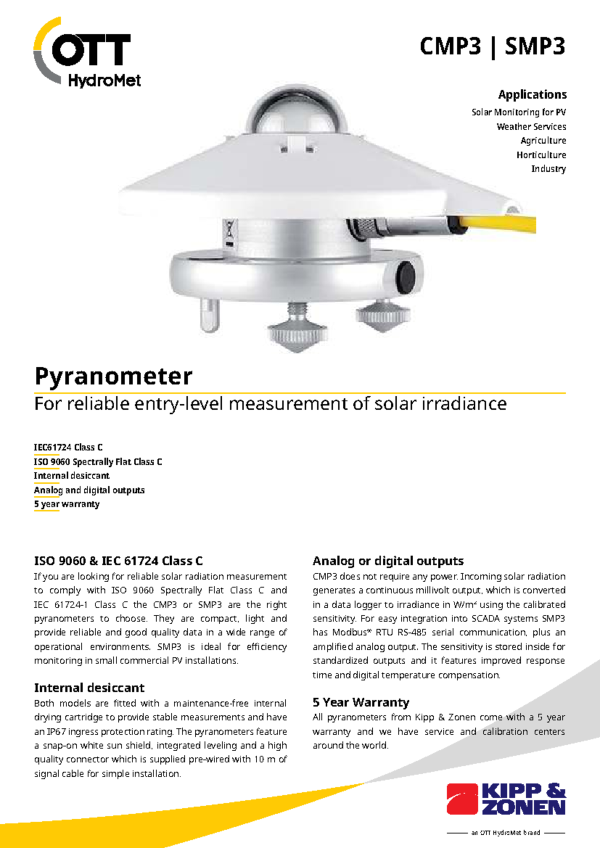 CMP3/SMP3 Pyranometer Datasheet for Solar Monitoring in Agriculture ...