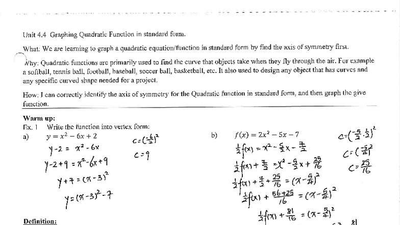 Unit 4.4 Graphing Quadratic Functions: Completed Notes - Studocu