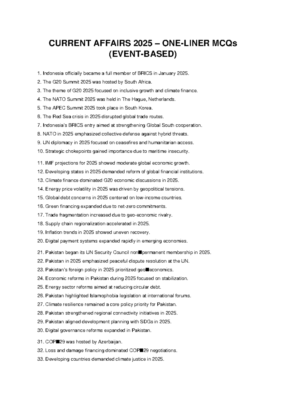 Current Affairs 2025 MCQs: Key Global Events and Trends - Studocu