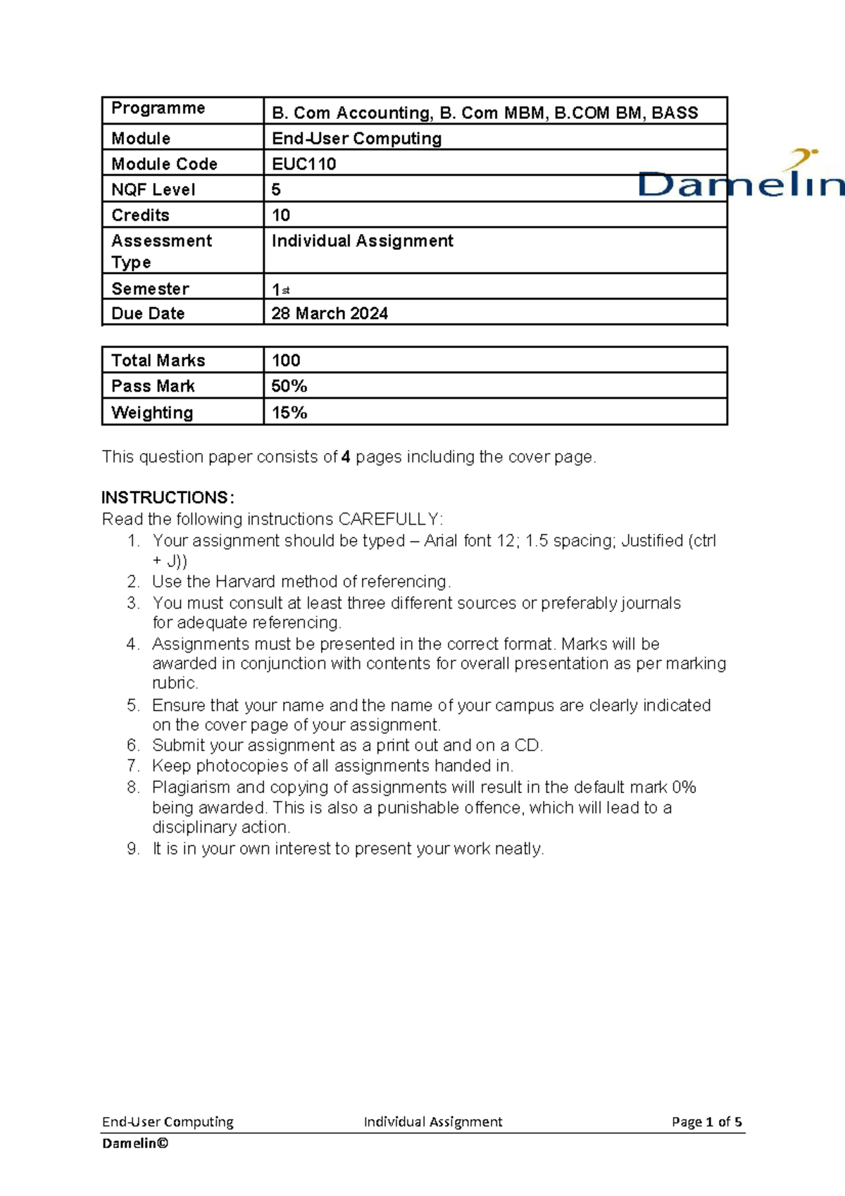 EUC Assignment 1 2024 - Programme B. Com Accounting, B. Com MBM, B BM ...