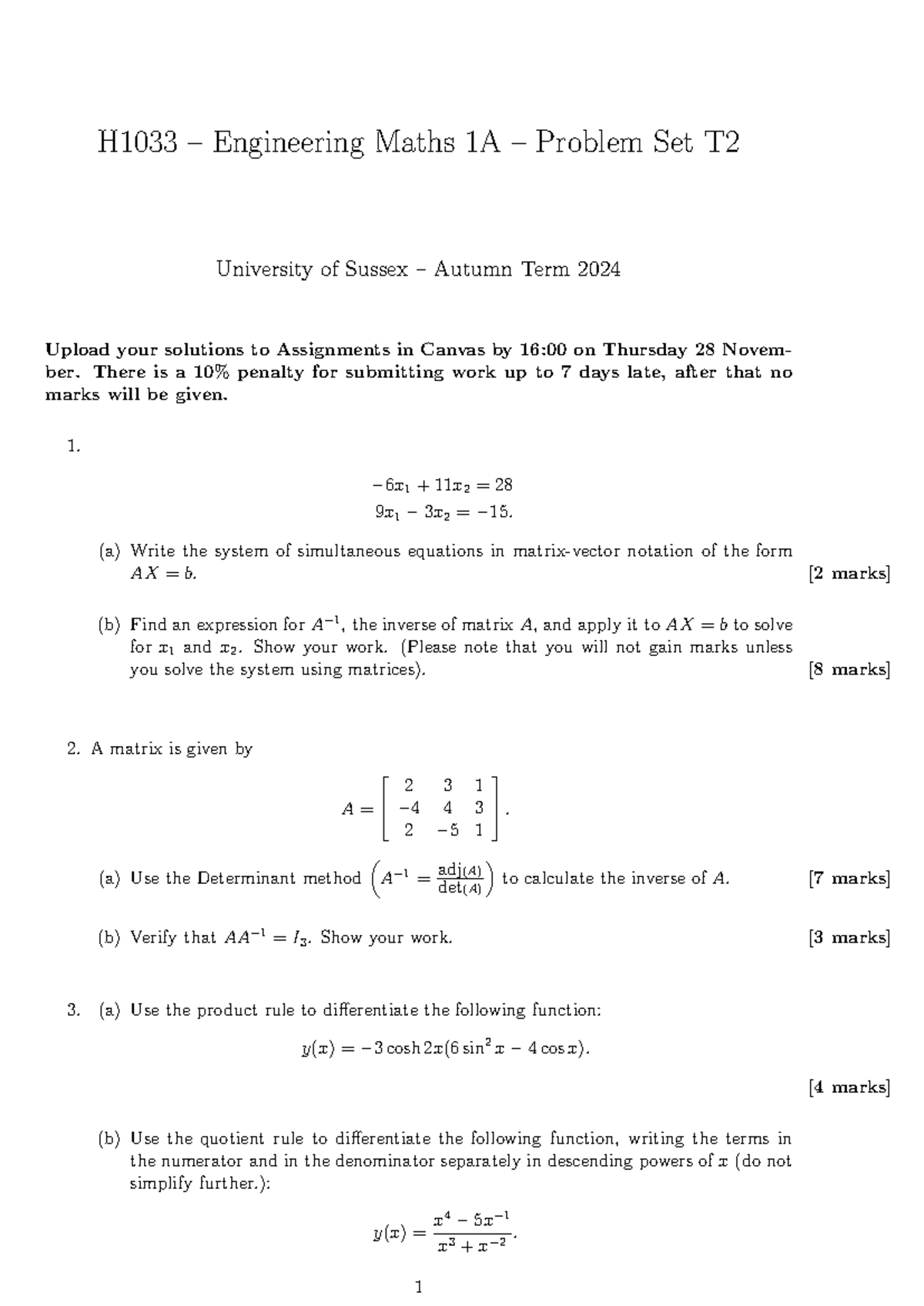 H1033 Engineering Maths 1A Problem Set T2 - Autumn 2024 - Studocu