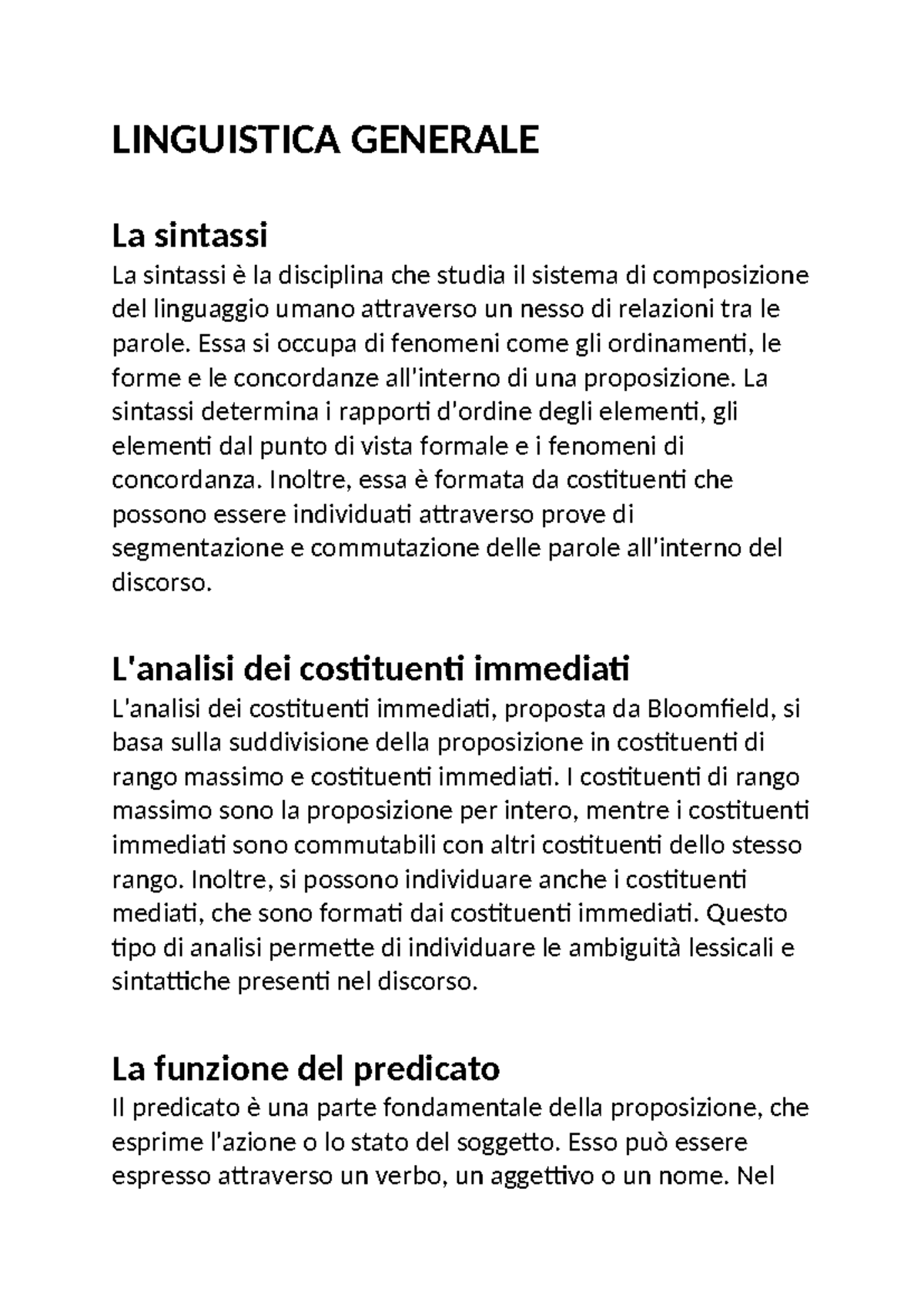 Linguistica Generale - Riassunto - LINGUISTICA GENERALE La sintassi La ...