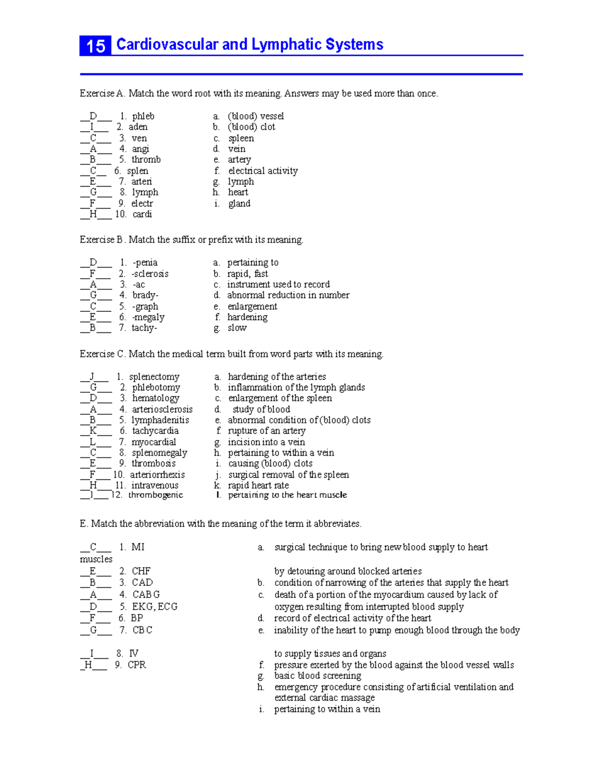 Medical terminology exam 2 - 15 Cardiovascular and Lymphatic Systems ...