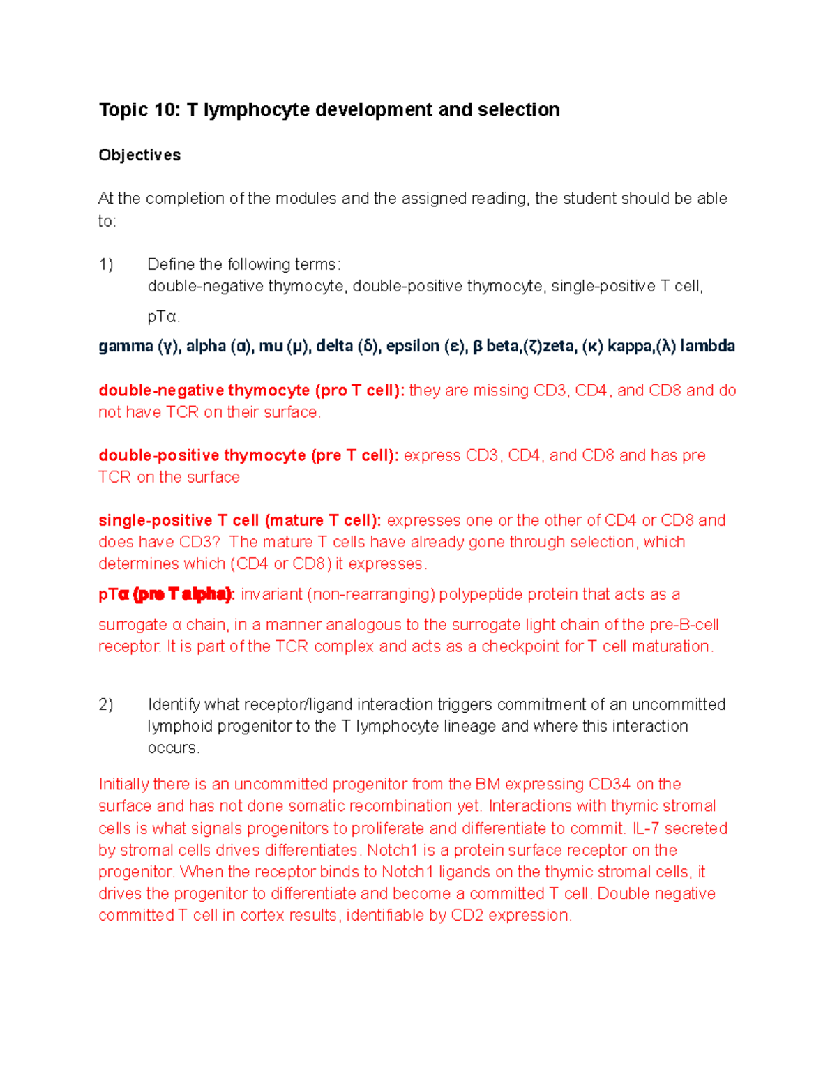 Topic 10: T Lymphocyte Development & Selection - Learning Objectives ...