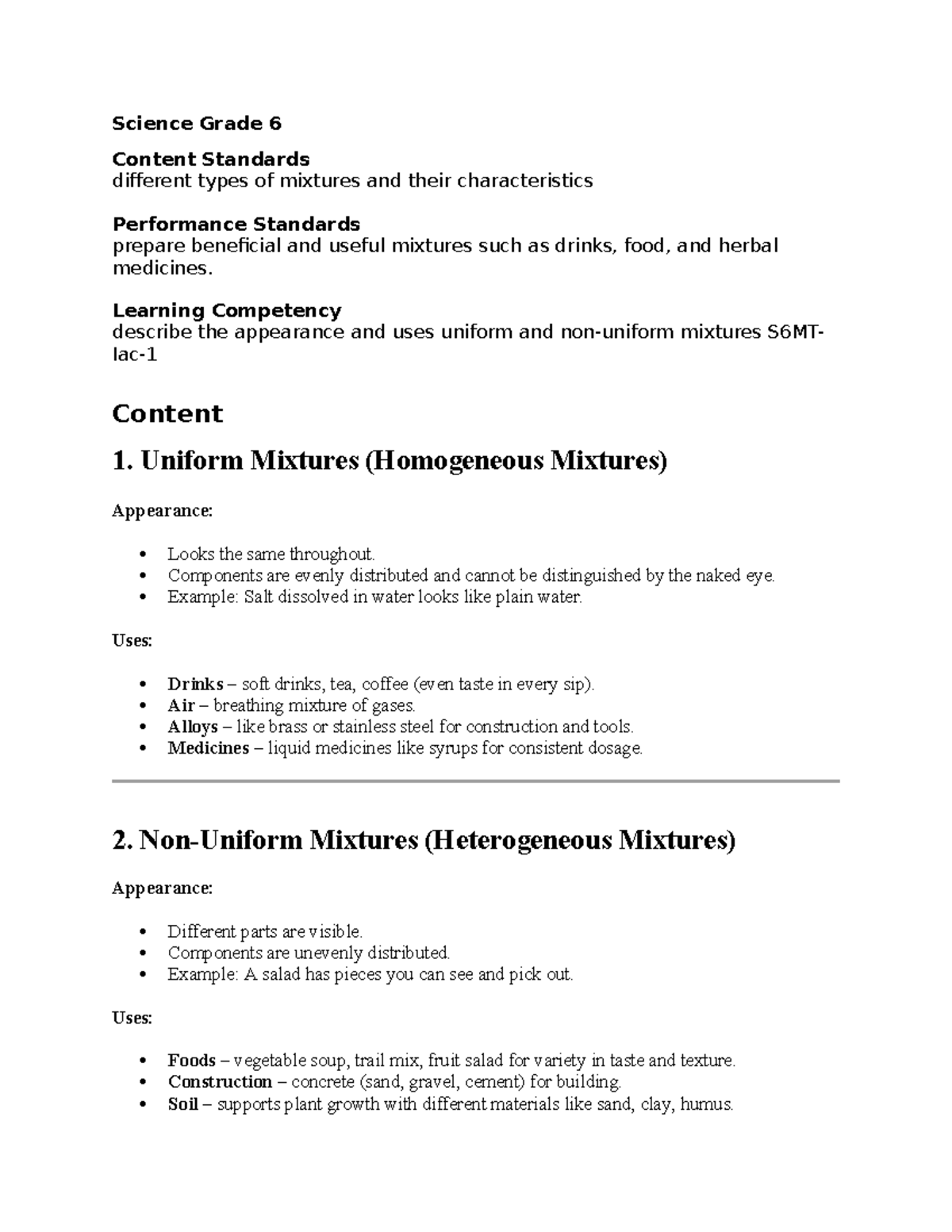 LC 5 Science Grade 6 - Mixtures: Types, Characteristics & Uses - Studocu