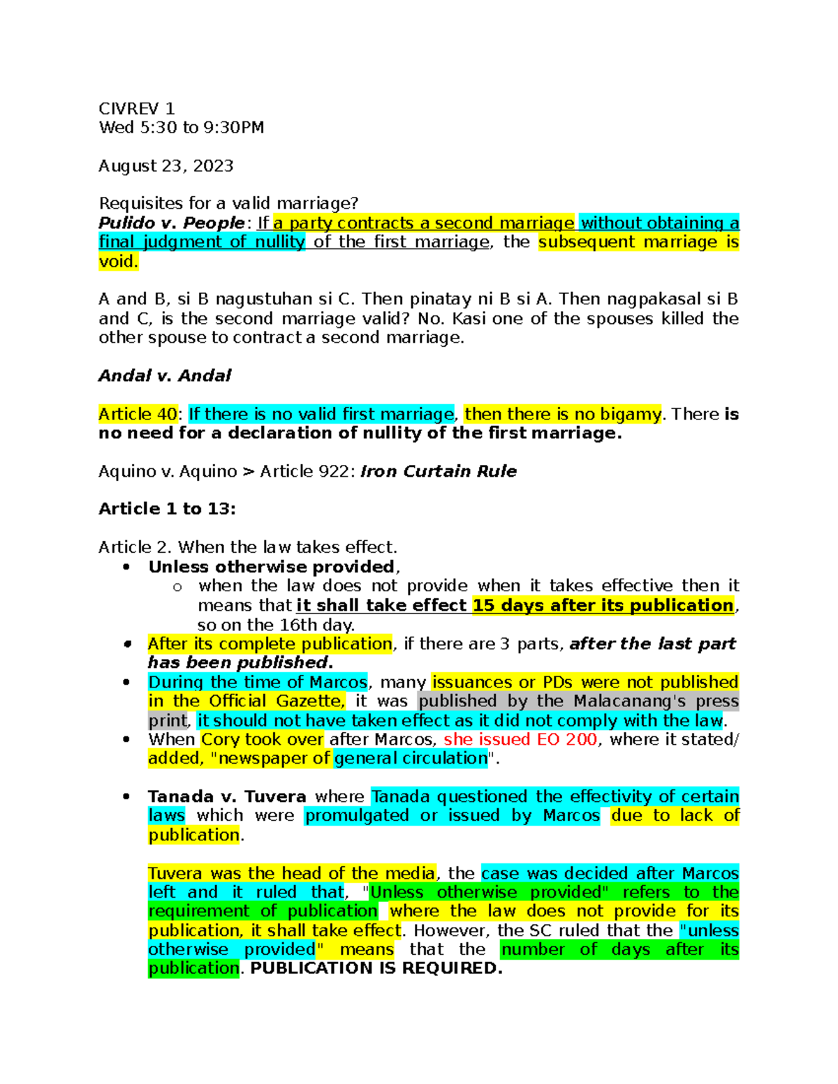 CIVREV 1: Comprehensive Notes on Marriage Validity and Legal Articles ...