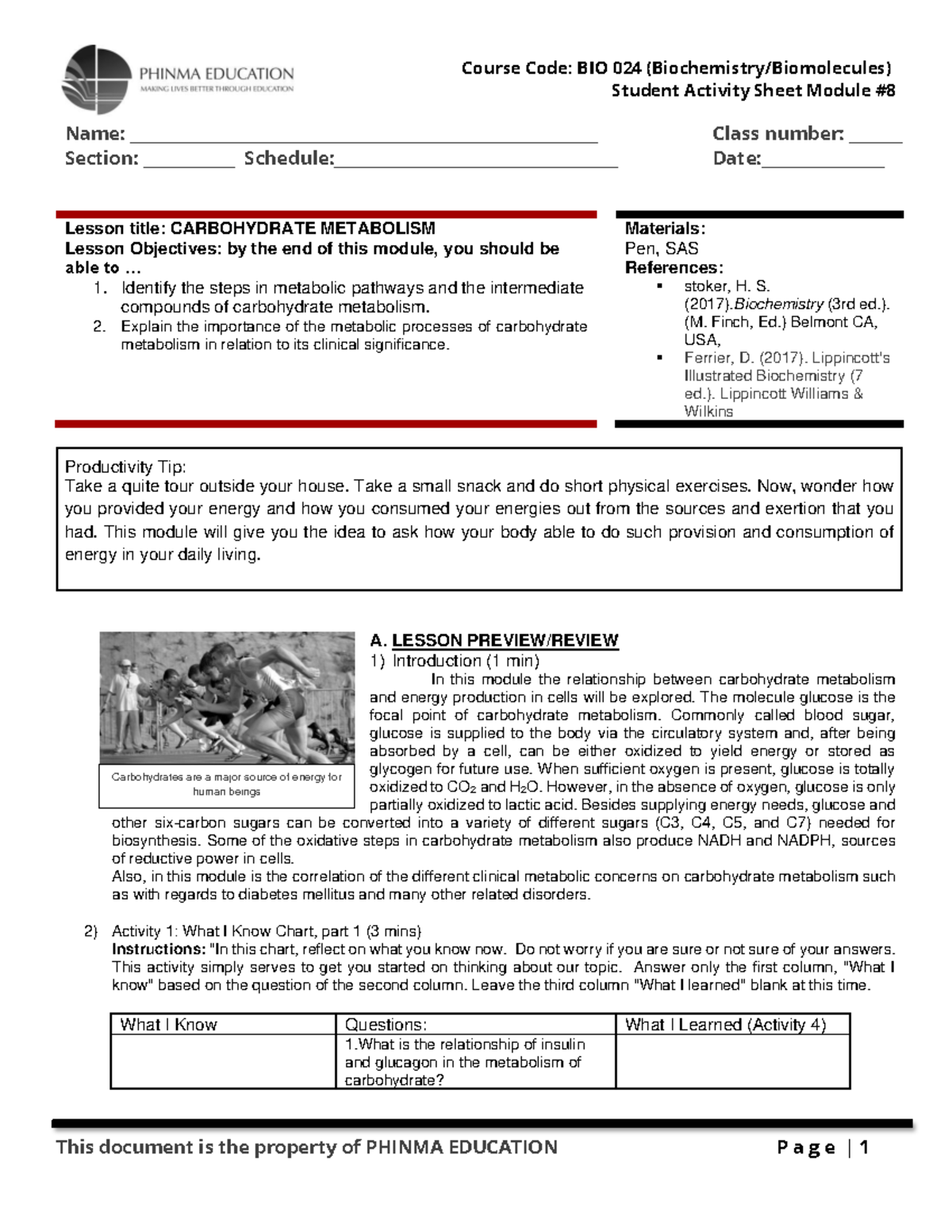 BIO 024 Student Activity Sheet: Carbohydrate Metabolism Overview - Studocu