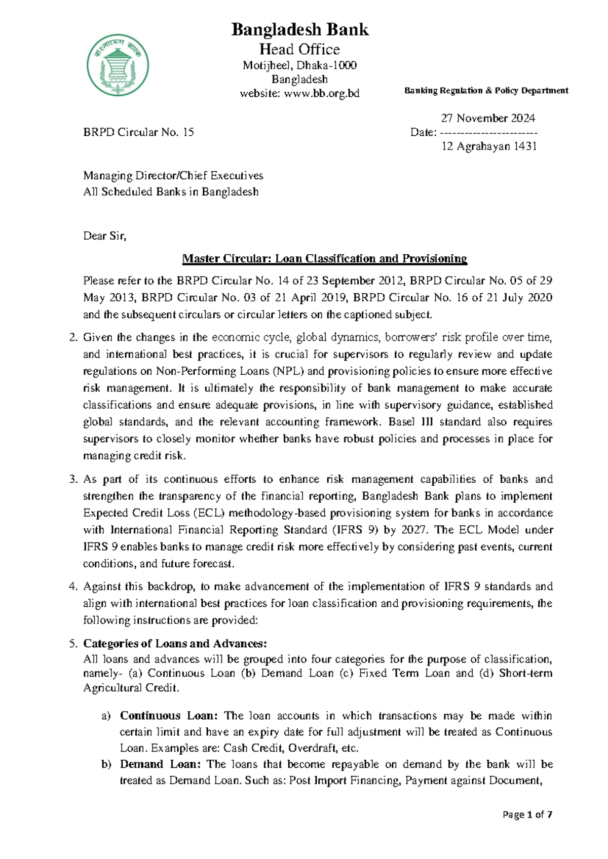 BRPD Circular No. 15: Loan Classification & Provisioning Guidelines ...