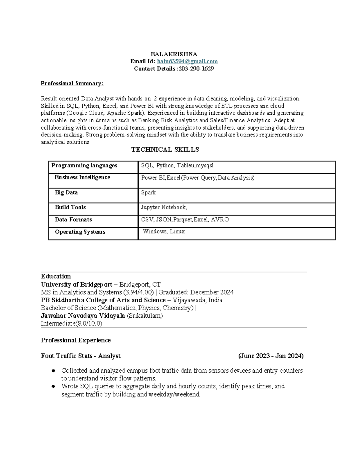 Data Analyst Resume - Balakrishna (MS in Analytics) - Studocu