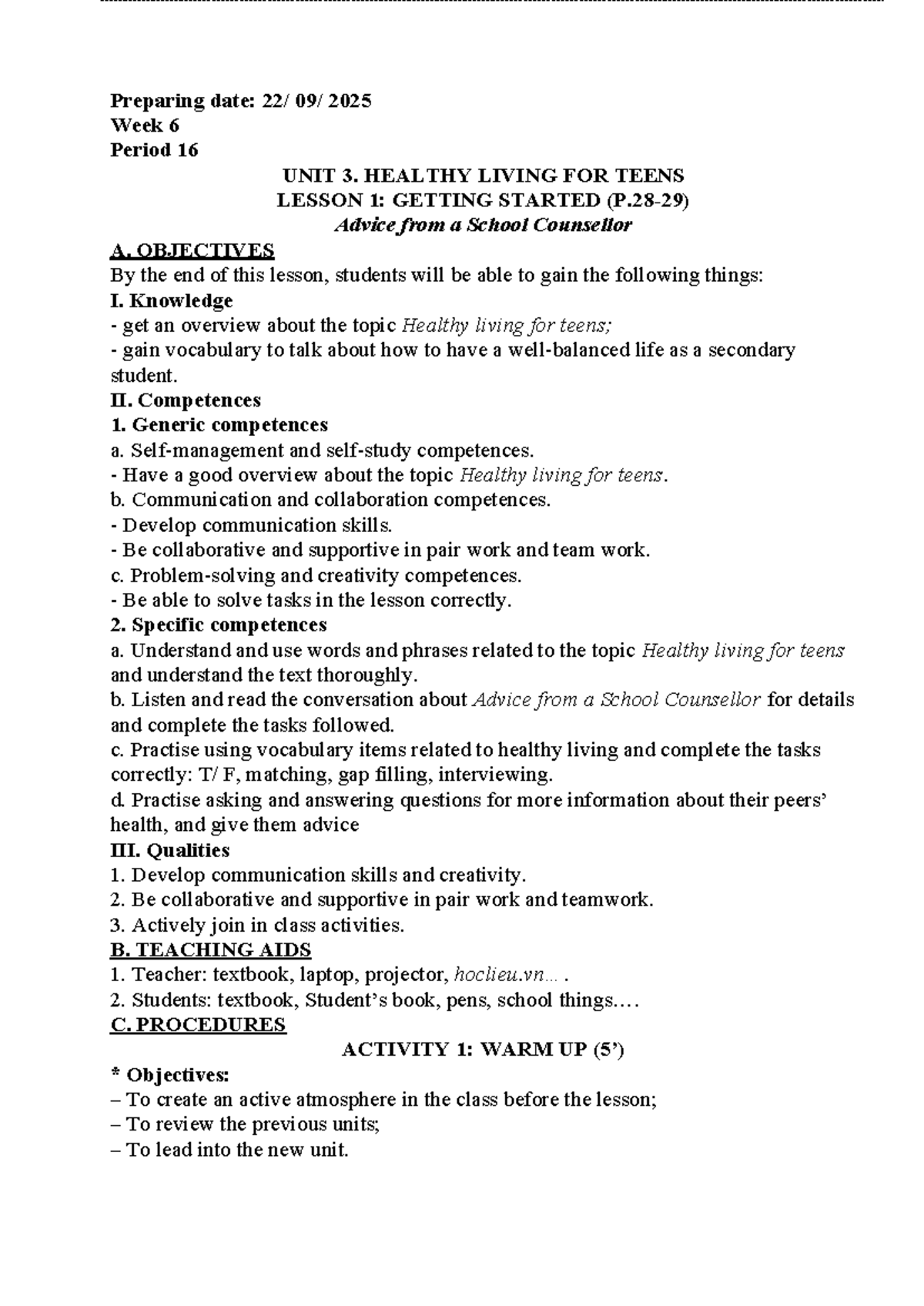 Unit 3: Healthy Living for Teens - Lesson Plans and Activities (Grade 9 ...