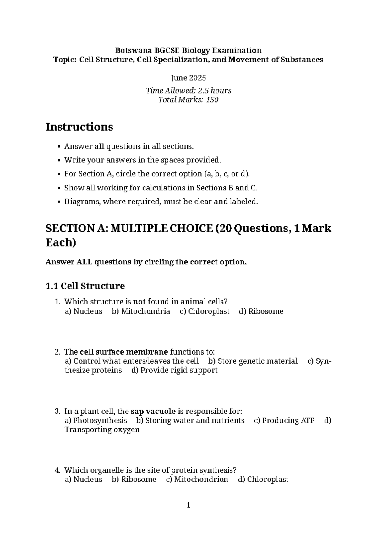 BGCSE Biology Exam Notes: Cell Structure & Movement of Substances - Studocu