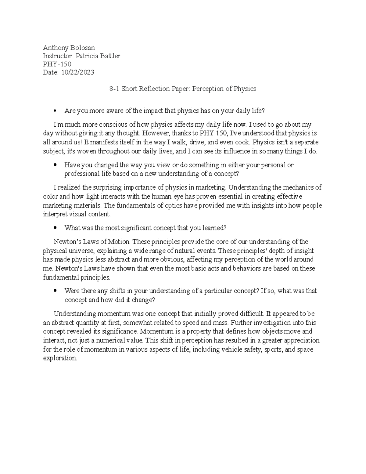 PHY 150 8-1 Reflection Paper: Insights on Physics in Daily Life - Studocu