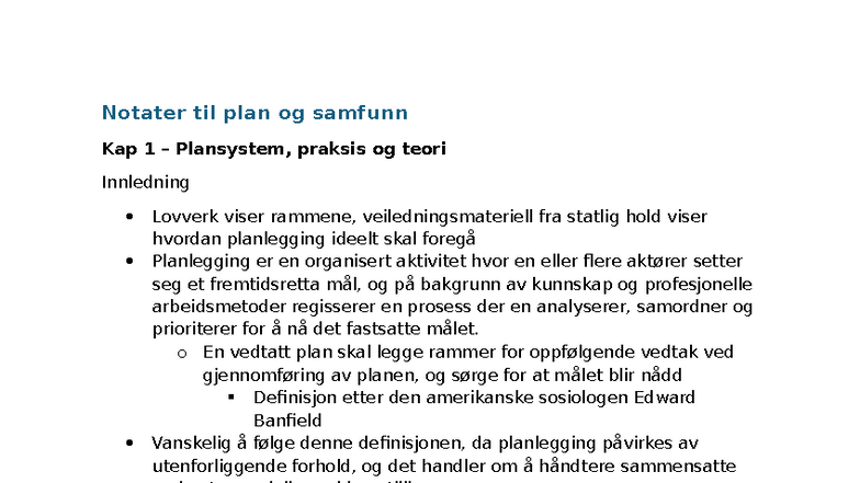 Notater til Plan og samfunn - APL100 Kap 1: Plansystem, Praksis og ...