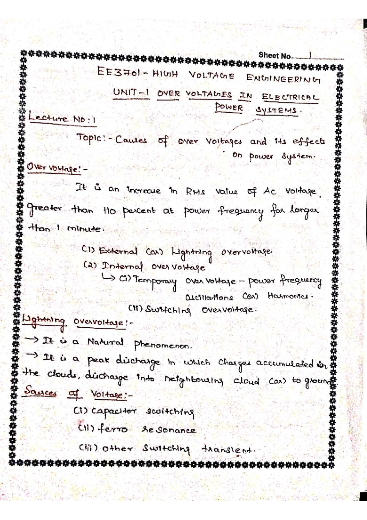 EE3701 HIGH VOLTAGE ENGINEERING UNIT 1: Over Voltages in Power Systems ...