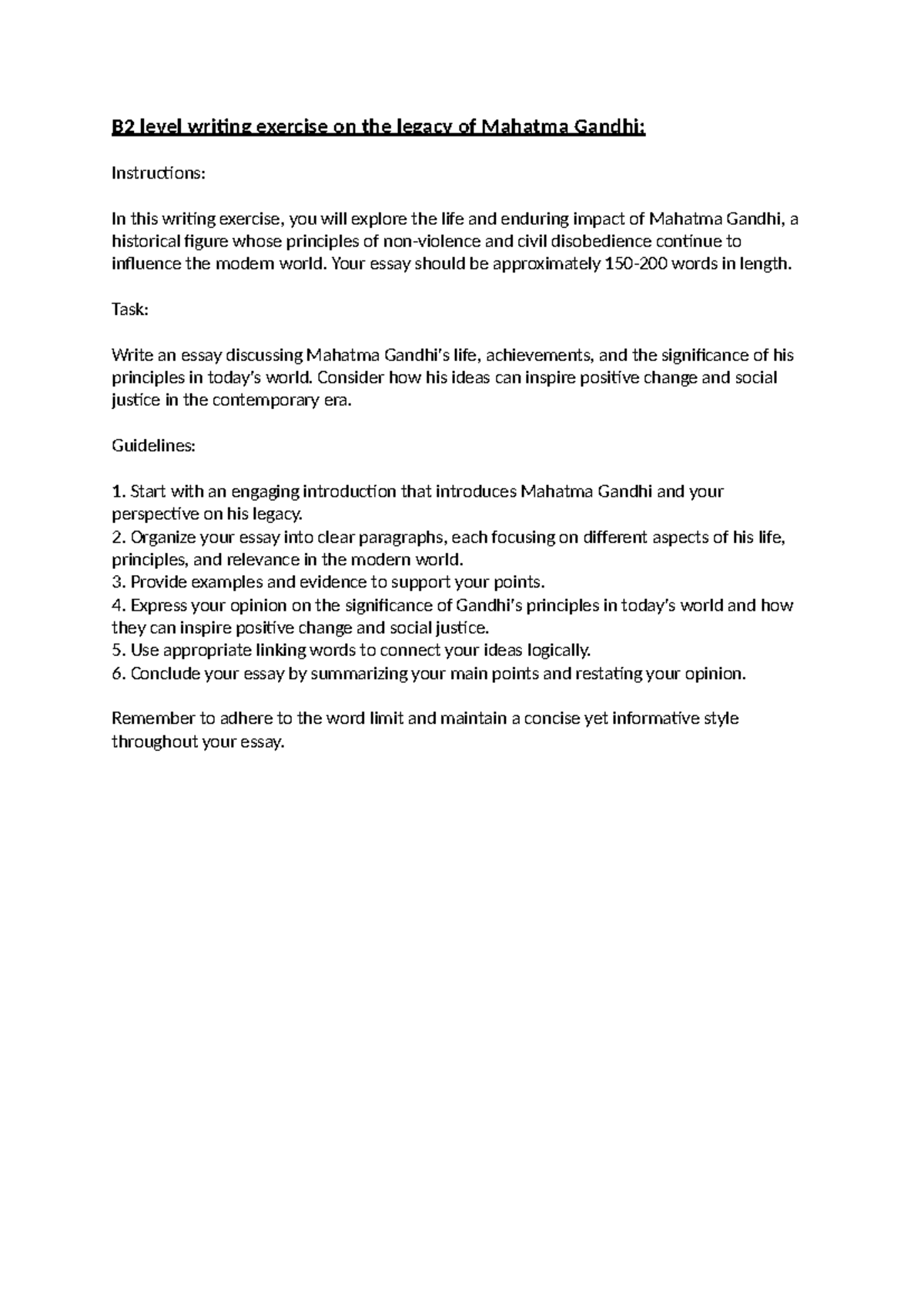 B2 Writing Exercise: The Enduring Legacy of Mahatma Gandhi - Studocu