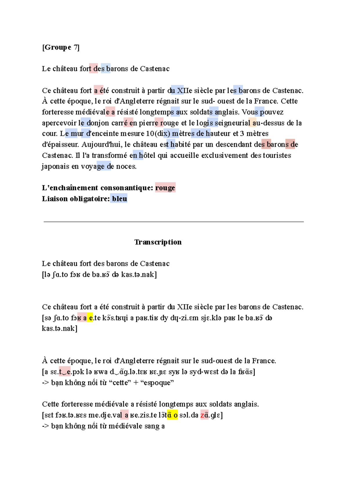 Les devoirs de Phonétique : Le château fort des barons de Castenac ...